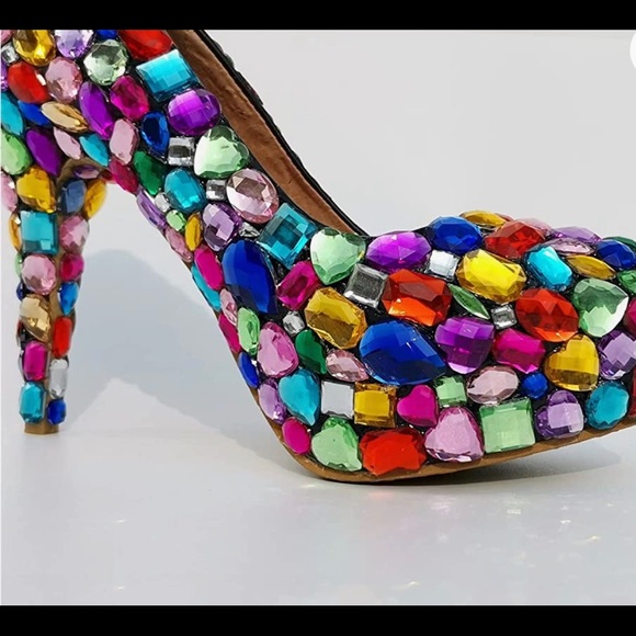 Shoes | Nwt Round Closed Toe High Heels Crystal Platform Colorful ...